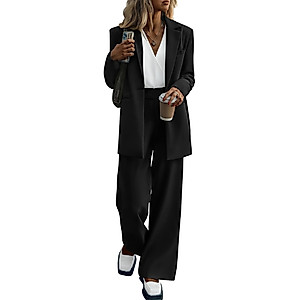 KIRUNDO Women's 2025 Spring Fall 2 Piece Blazer Set Casual Loose Long Blazer Jackets and Dressy Wide Leg Pant Suits Pockets Black