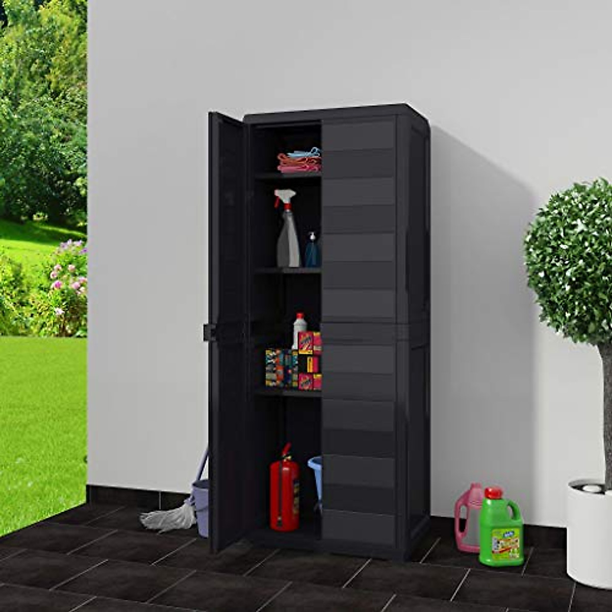 Festnight Garden Shed Double Door Outdoor Storage Cabinet with 3 Ventilated Adjustable Shelves Patio Waterproof Tool Shed Lawn Care Equipment Pool Supplies Organizer
