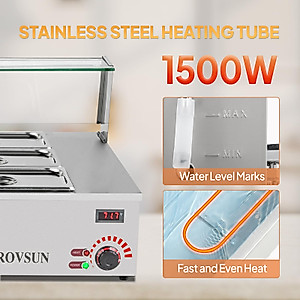 ROVSUN 96QT Steam Table, 12-Pan Electric Commercial Food Warmer Stainless Steel Bain Marie Countertop w/Glass Shield Temperature Control & Lid for Buffet Party Catering Restaurant 8QT/Pan 1500W 110V