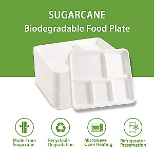 WDF 125 Pack Disposable Plates with Compartment - 100% Compostable Plates Disposable, 8 * 10 inch Heavy Duty Paper Plates with 5 Compartment Biodegradable Plates for School Lunch Trays