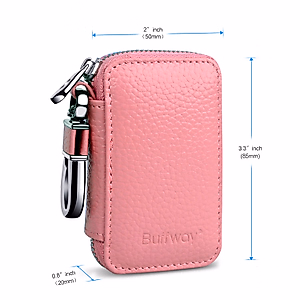 Buffway Car Key Cover,Genuine Leather Car Smart Key Chain Coin Holder Metal Hook and Keyring Wallet Zipper Bag for Auto Remote Key Fob - Pink
