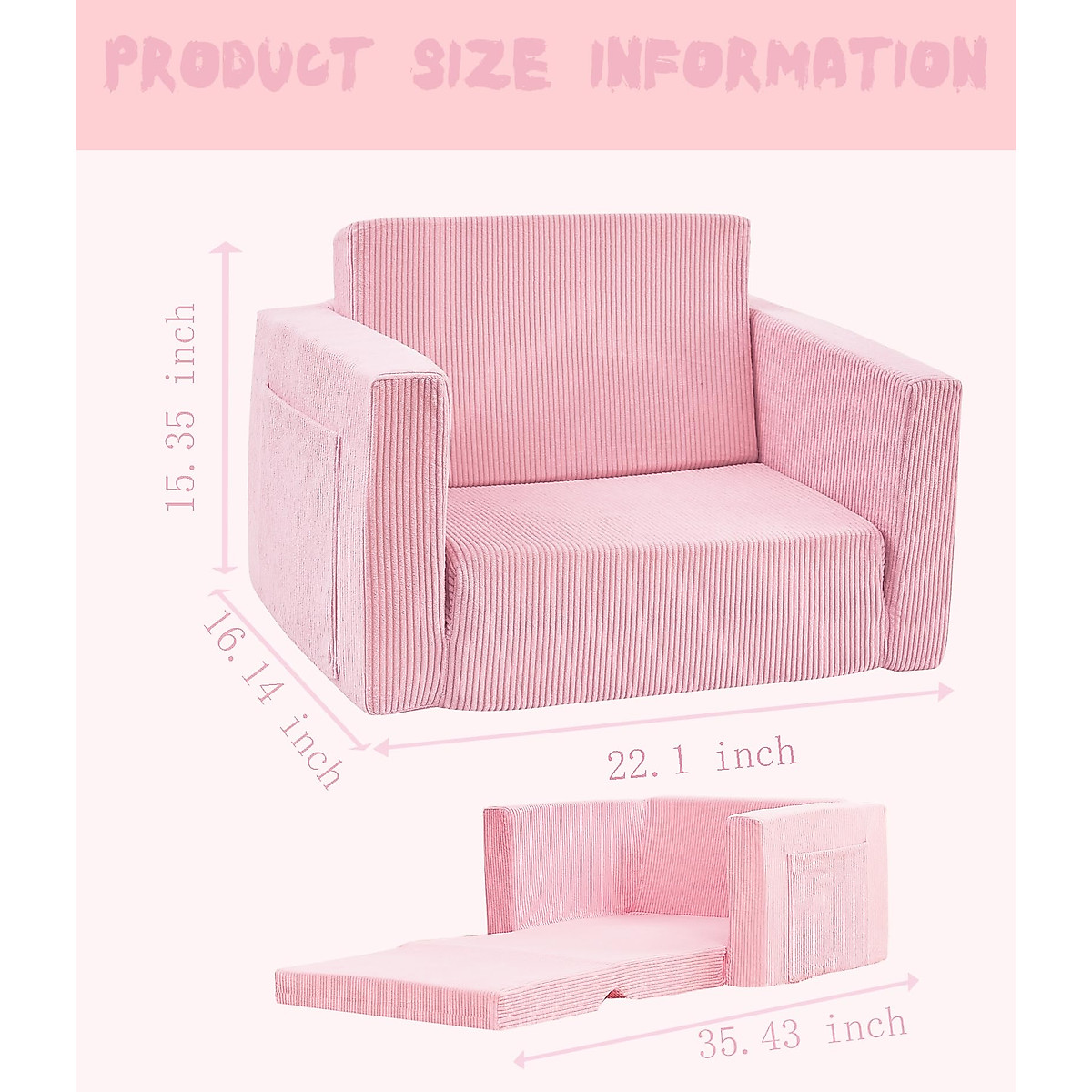 Kids Folding Sofa Chair Couch Foam Filled Lounge Toddler Chair Couch Cuddly Corduroy Comfy Bean Bag Chair Couch for Boys and Girls Pink 1-4T