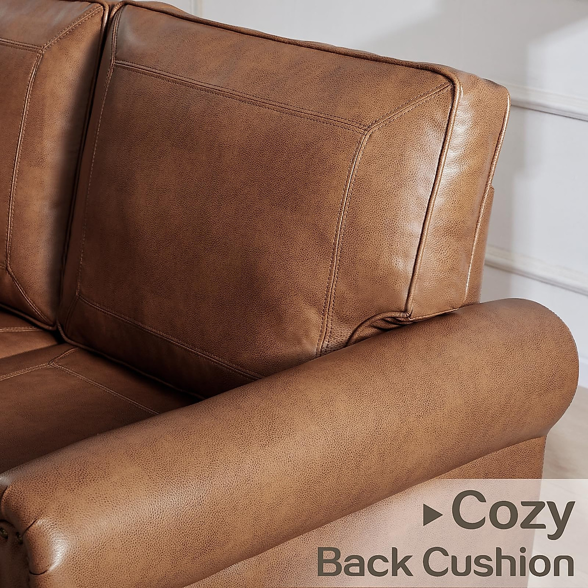 Dreamsir 79 Traditional Faux Leather Sofa Couch with Nailhead Trim, Classic 3-Seater Sofa with Rolled Arm for Living Room, Bedroom, Apartment, Easy Assembly (Brown) 5023