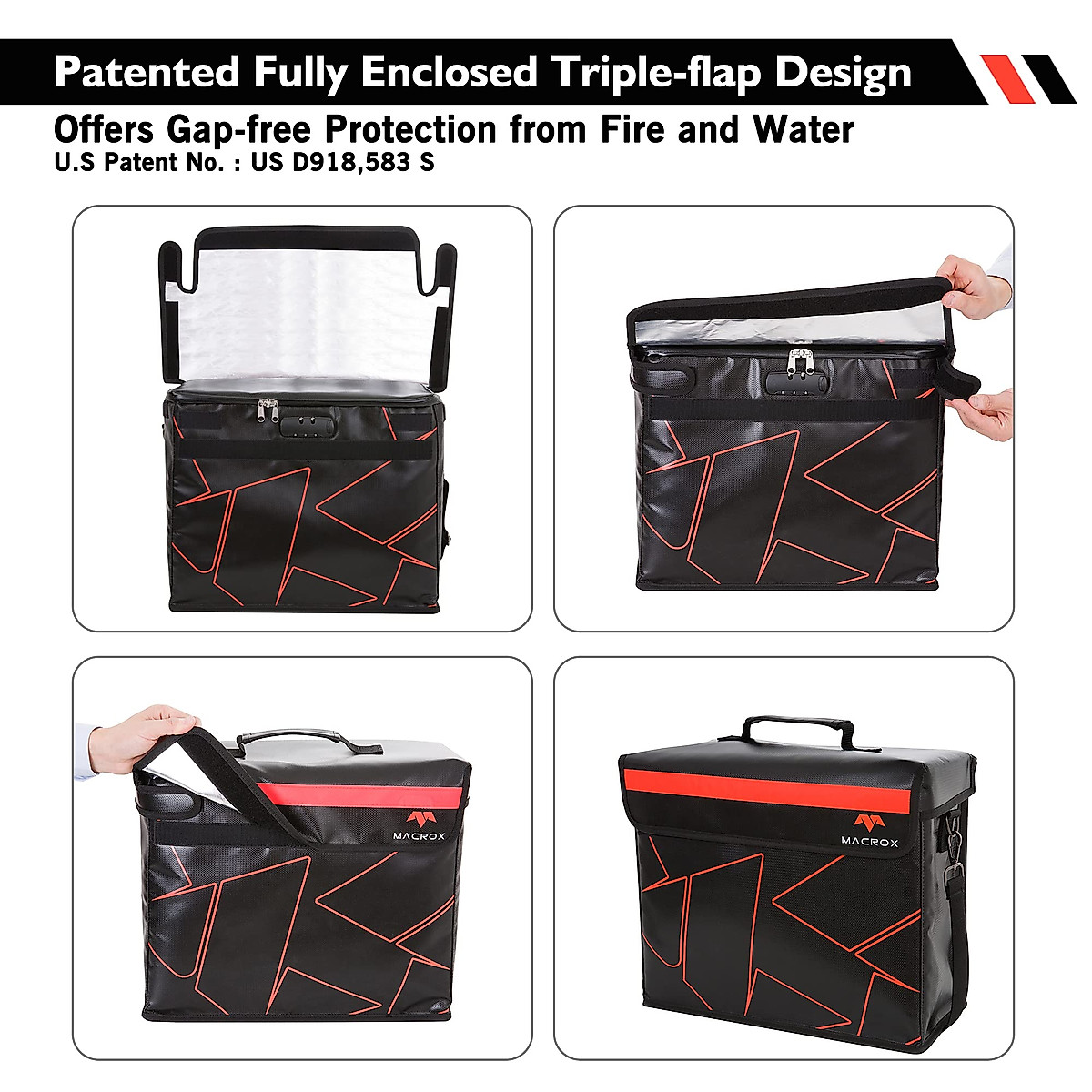 FLAYPAL Fireproof and Waterproof Document Bag with Lock and Interior Zipper Pouch. U.S Patented Fully Enclosed Bag Design. Fire Safe Storage for Important Documents, Files & Valuables, 16"x12.6"x6.5"