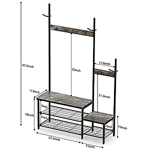 Parent-Child Hall Tree Coat Rack Shoe Bench Entryway Sturdy Shoe Rack Storage Shelf Organizer, 3-in-1 Functional Hall Tree Industrial Rustic Wood Metal Furniture for Entrance, Foyer, Mudroom