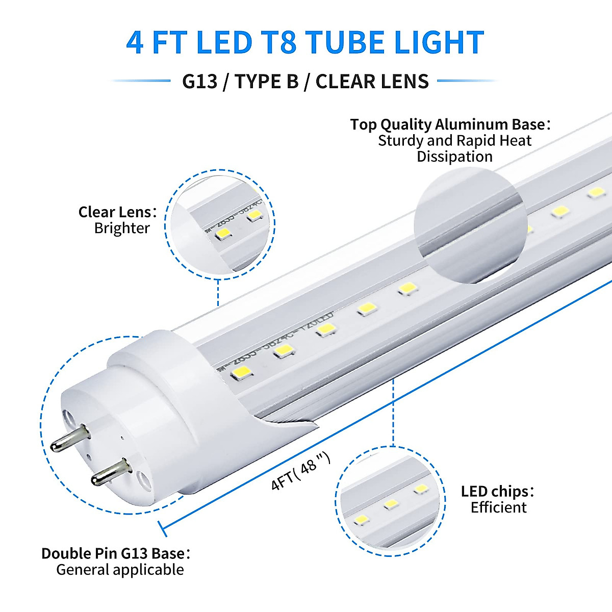 Ghiuop 25-Pack T8 LED Bulbs 4 Foot Tube Light, 4ft LED Shop Garage Warehouse Light, 20W 5000K 2600LM Daylight White, Fluorescent Lights Tube Replacement, Ballast Bypass, Dual-end Powered, Clear Cover