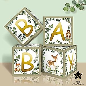 YARA Woodland Baby Shower Decorations Boxes for Boy Girl, Sage Green Party Decor Letters, Boho Baby Blocks Decoration Backdrop, Neutral Gender & Reveal Box Centerpieces, Forest Animals Greenery Theme