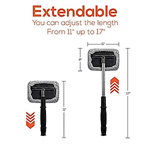 Trobo Windshield Cleaning Tool, Extendable Handle Interior Exterior Glass Pivoting Car Window Cleaner Wand Wiper Kit with 3 Washable Reusable Microfiber Cloths & Bonus Spray Bottle, Durable Material