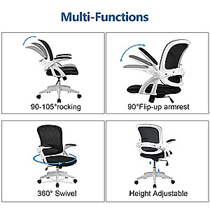 COMHOMA Office Chairs Ergonomic Desk Chair Mesh Computer Chair with Flip Up Armrest Mid Back Task Home Office Chair Swivel Chair with Smooth Casters White
