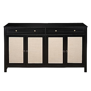 Black Sideboard Buffet Cabinet, Rattan Storage Cabinet Console Table, Buffet Server Bar Cabinet with 4 Doors, 2 Drawers and Adjustable Shelves for Living Room, Bedroom, Hallway, Kitchen, Entryway
