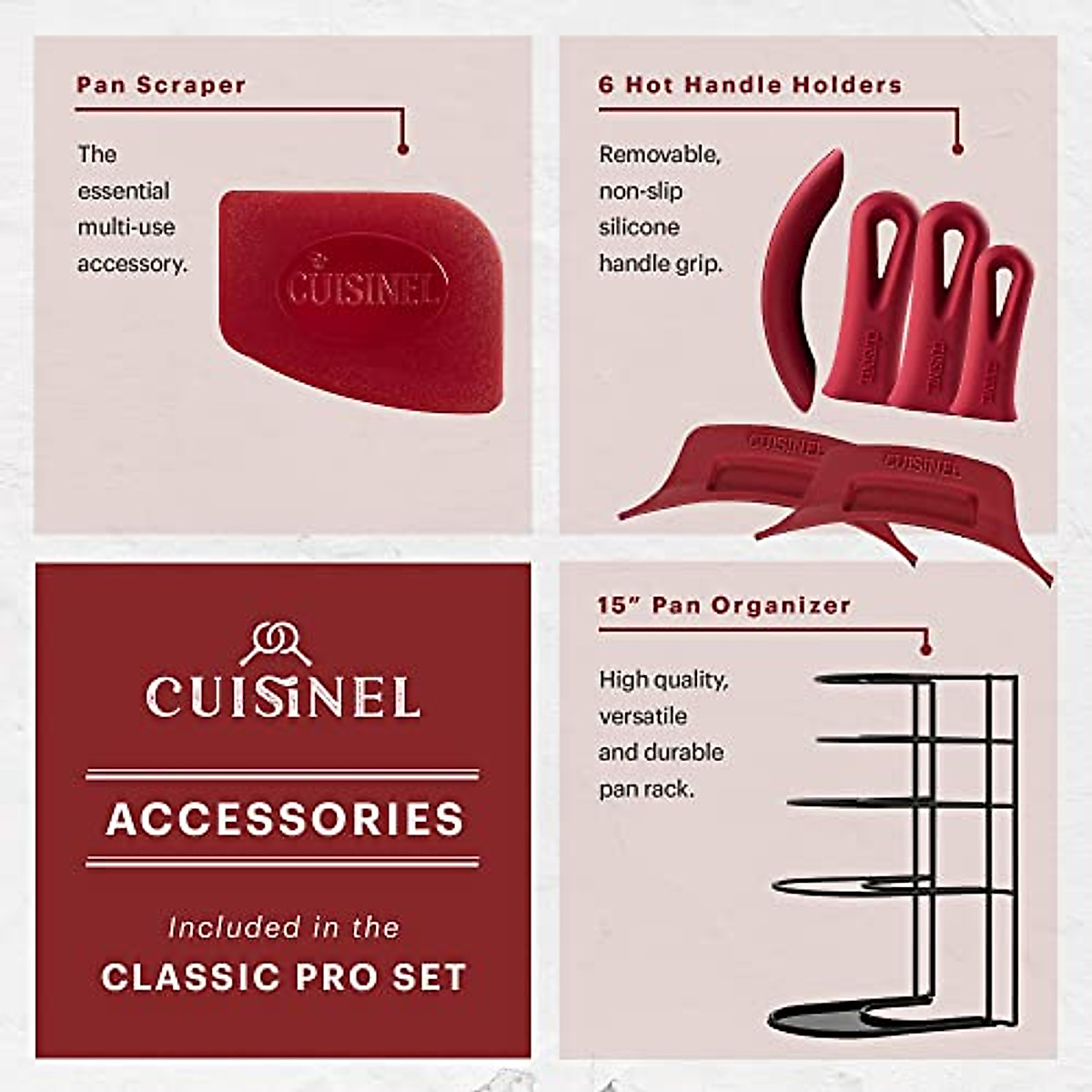 Cuisinel Cast Iron 17-Piece Preseasoned Cookware Set - 8"+10" Skillets + Lids + 5-Quart Dutch Oven + 12" Braiser with Cast Iron Lid + Round Griddle + 15" Organizer Rack + Pan Scraper + Silicone Handle