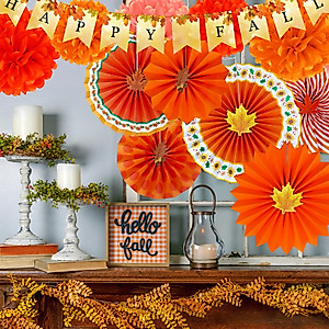 Winlyn 21 Pack Bulk Fall Party Decorations Set Auntumn Orange Hanging Paper Fans Happy Fall Banner Pom Poms Fall Maple Leaves Garlands for Thanksgiving Wedding Birthday Festival Party Backdrop Décor