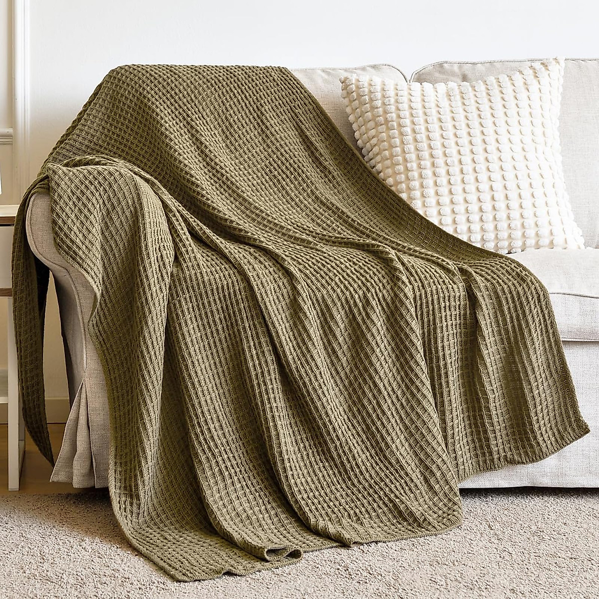 Xuyier Chunky Cable Knit Throw Blanket, Waffle Knitted Blankets for Couch Bed, White Warm Cozy Knit Woven Farmhouse Blanket Lightweight Travel Blankets for Sofa Living Room, 50"X60"