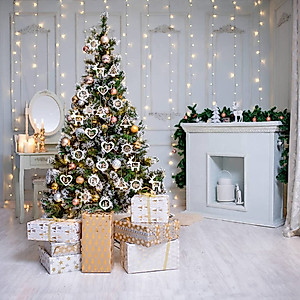 IDATOO Christmas Tree Ornaments Set of 24 Wooden Craved Hanging Craft Decorations for Winter Wonderland, 3D Rustic Farmhouse Christmas Ornaments Holiday Decor for Christmas Tree Home Office (White)