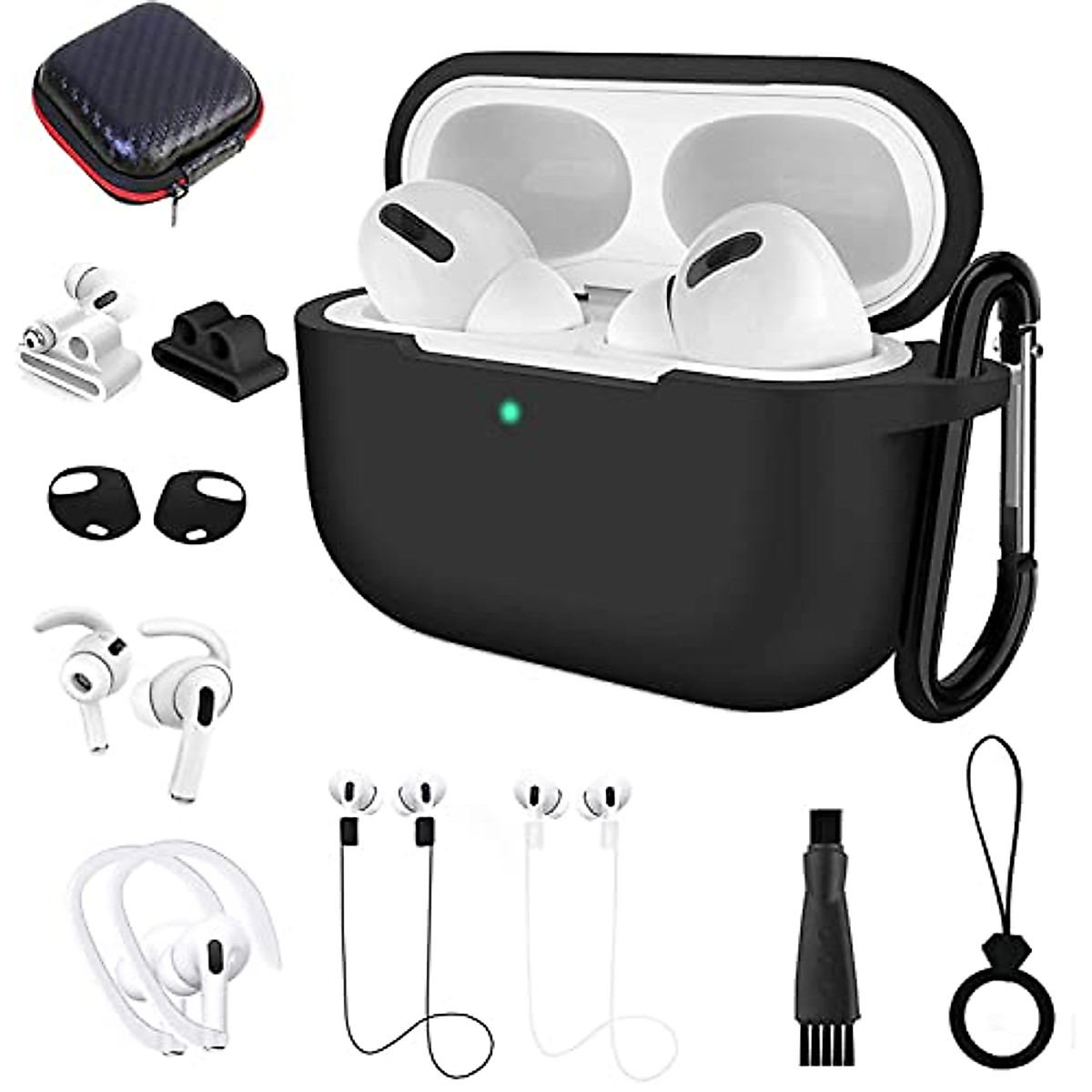 for Airpods Pro Case Black, 12in1 Kit Silicone Accessory Set Protective Cover for AirPods Pro 1st Generation with Watch Band Holder/Ear Hook/Ear Hangers/Ear Tip/Strap/Ring/Keychain/Brush/Carrying Box