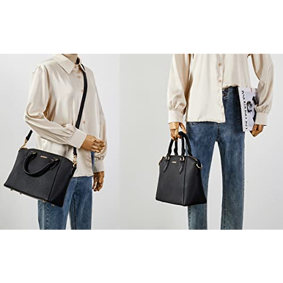 Satchel Handbags For Women Genuine Leather Shoulder Tote Handbags With Adjustable Strap (Black)