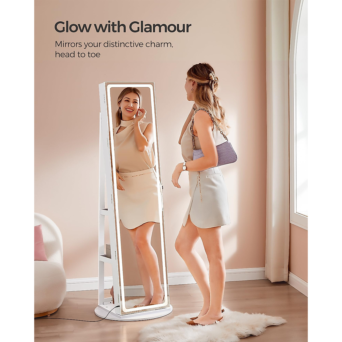 SONGMICS LED Mirror Jewelry Cabinet Standing, Lockable Jewelry Armoire with Full-Length Mirror and Adjustable LED Lights, Space-Saving Jewelry Organizer with Mirror, Gift Idea, Cloud White UJJC008W01