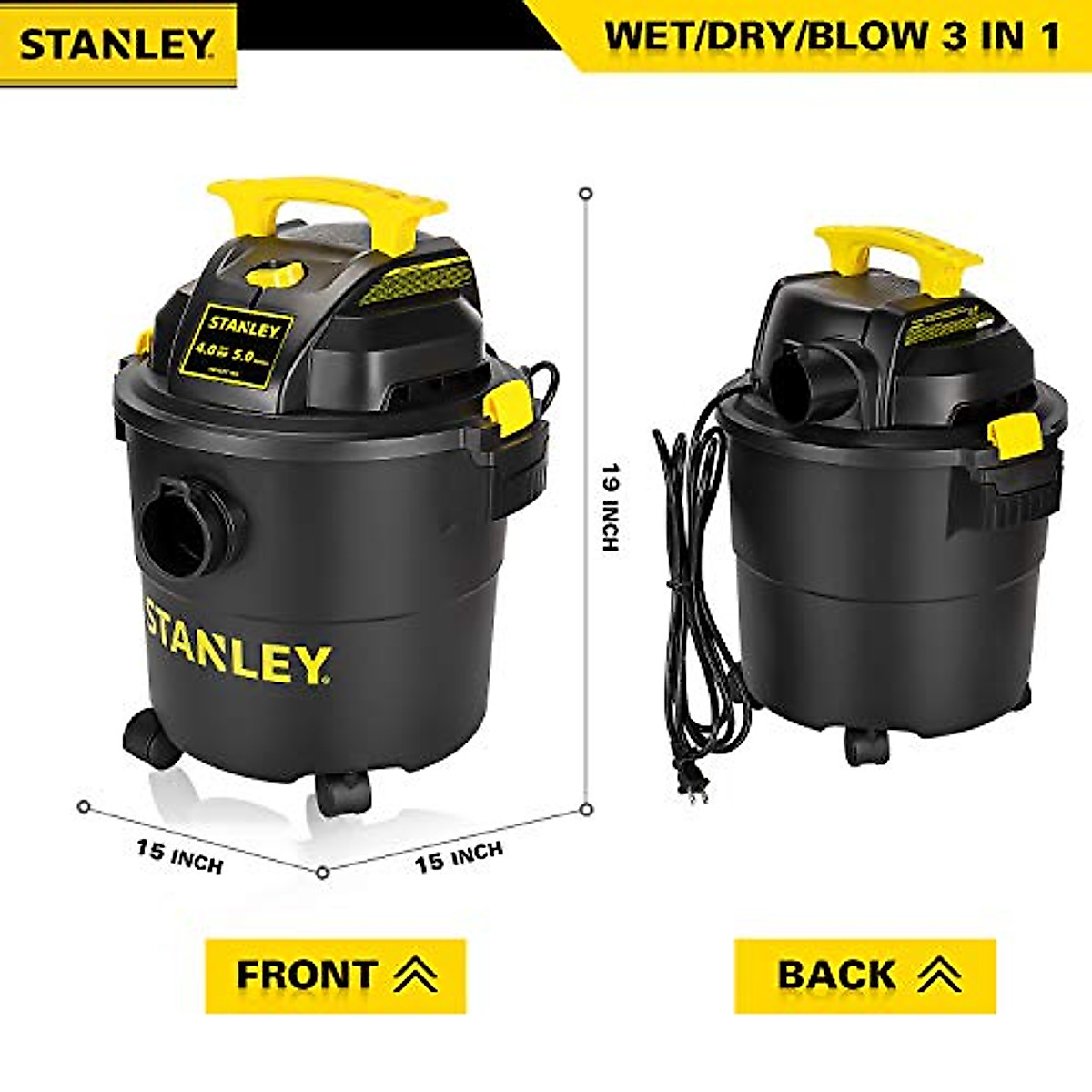 Stanley Wet Dry Vacuum, 5 Gallon Shop Vacuum with Blower, 4 Peak HP 3 in 1 Multifunctional Vacuum Cleaner for Home, Jobsite, Garage, Basement, Model: SL18115P