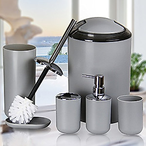IMAVO Bathroom Accessories Set, 6-Piece Plastic Gift Set, Toothbrush Holder, Toothbrush Cup, Soap Dispenser, Soap Dish, Toilet Brush Holder, Trash Can (Grey)