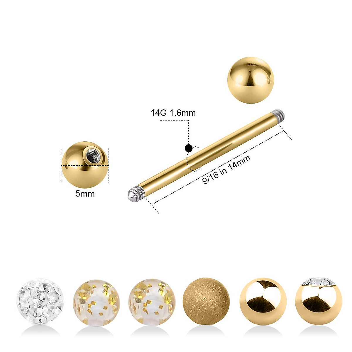 CrazyPiercing 12Pcs Stainless Steel Tongue Ring Barbell Retainer Body Piercing Jewelry 14G (Gold Pack)