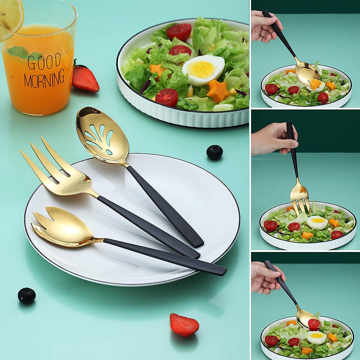 Black with Gold Silverware Serving Set 10 Pieces, Black Gold Flatware Serving Set, Serving Utensils, Include Slotted Spoon, Cake Server, Sugar Spoon, Soup Ladle, Wedding Cake Knife Ect