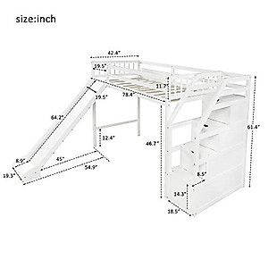Merax Twin Size Loft Bed Frames with Silde, Staircase and Safety Guardrails No Box Spring Needed for Teens, Boys or Girls, White