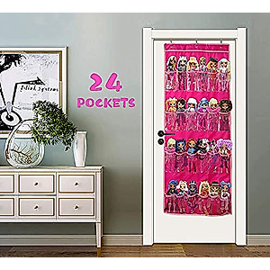 Hanging Over Door Toy Storage Organizer (24 Pockets), Compatible with Lol Omg Dolls Barbie Dolls Surprise Doll (Toys Not Included), Deeppink (57.5''x22'')