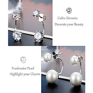 Sllaiss 2 Pairs Sterling Silver Double Ball Ear Jacket Earrings Set Cubic Zirconia Round Pearl Jewelry for Women (Silver)