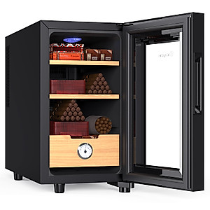 KingChii 23L Electric Cigar Humidors, Temperature Control Cabinet with Spanish Cedar Wood Shelves & Drawer Hygrometer Gifts for Men (150 Counts Capacity)