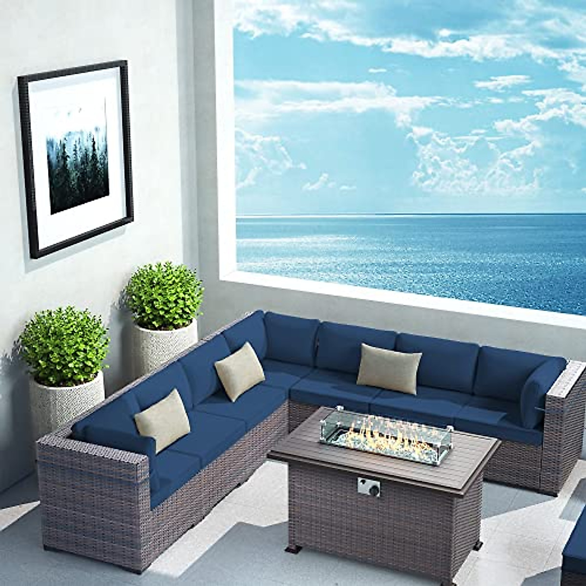 Gotland 15 Piece Outdoor Patio Furniture Set with Gas Fire Pit Table Patio Furniture Sectional Sofa w/43in Propane Fire Pit, 55,000 BTU Auto-Ignition Firepit w/Glass Wind Guard…