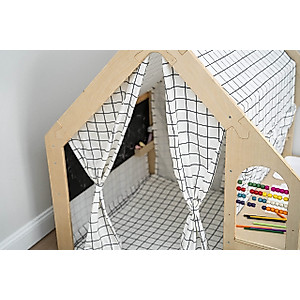 Avenlur Flair Montessori Style Wooden 5 in 1 Indoor Playhouse Play Tent with Desk Table, Chair, Chalkboard, Floor Cushion and Curtain Shades for Babies, Toddlers, Kids (Large, Windowpane)