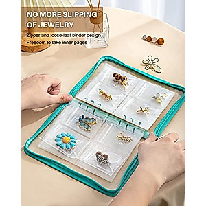 CATIFLIN Earring Organizer Travel Jewelry Case Container Transparent Jewelry Storage Book for Bracelet, Ring, Necklace, Stud, pin (96 Grids + 100 Small Thicken PVC Zipper Bags, Turquoise)