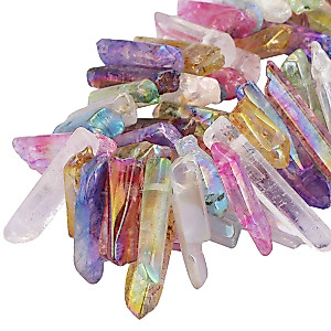 TUMBEELLUWA Rock Quartz Crystal Points Loose Beads for Jewelry Making, Titanium Coated Polished/Raw Quartz Points Beads 15 Inches Top Drilled,Multi-color Crystal Points(0.5"-1.6")