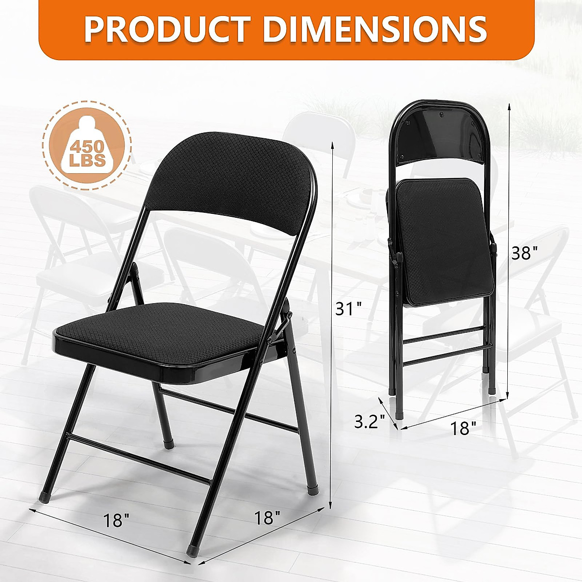 Fenbeli Folding Chairs with Padded Seats - 4 Pack Black Metal Padded Folding Chair with Steel Frame for Events Office Wedding Party, 450 Pound Capacity (Black, Set of 4)