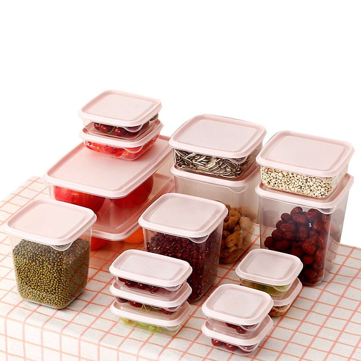 CMJLBM 17 Pack Plastic Food Storage Containers with Lids BPA Free Stackable Transparent Reusable Airtight Kitchen Storage Box for Coarse Cereals and Grains (Pink)