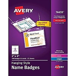 Avery 74459 Neck Hang Badge Holder w/Laser/Inkjet Insert, Top Load, 3h x 4w, White (Box of 100)