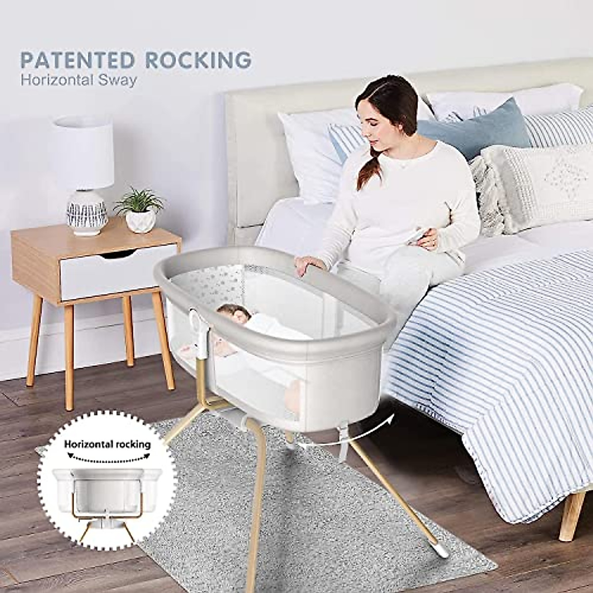 ANGELBLISS 3 in 1 Rocking Bassinet & Baby Bassinet Bedside Crib, One-Second Convert Travel Portable Bassinet Newborn Baby (White)