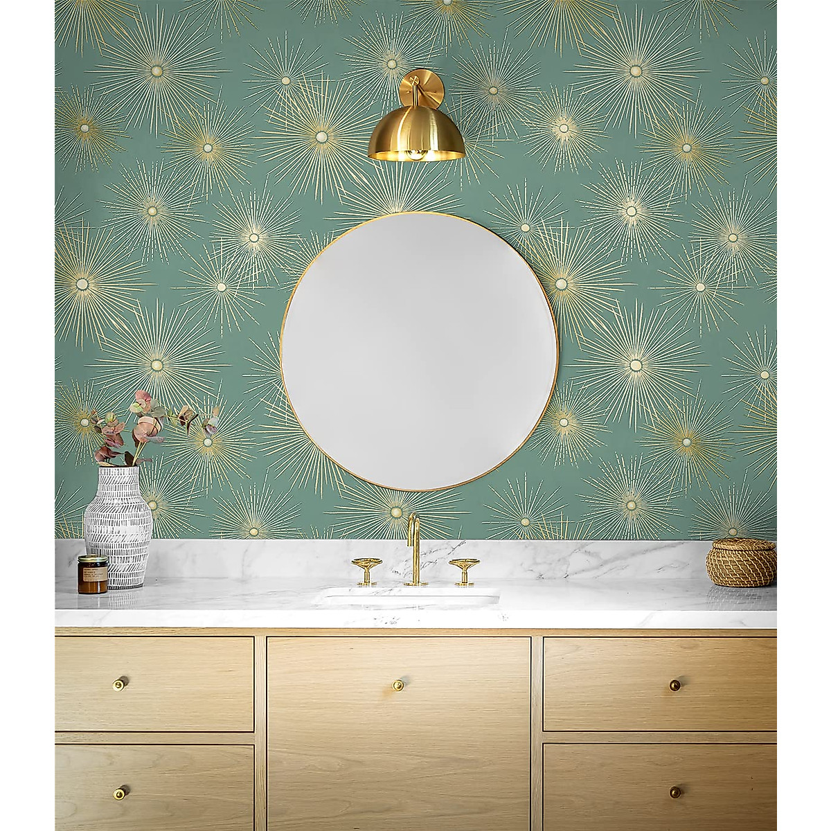 NextWall Starburst Geo Mid Century Peel and Stick Wallpaper (Teal & Metallic Gold)