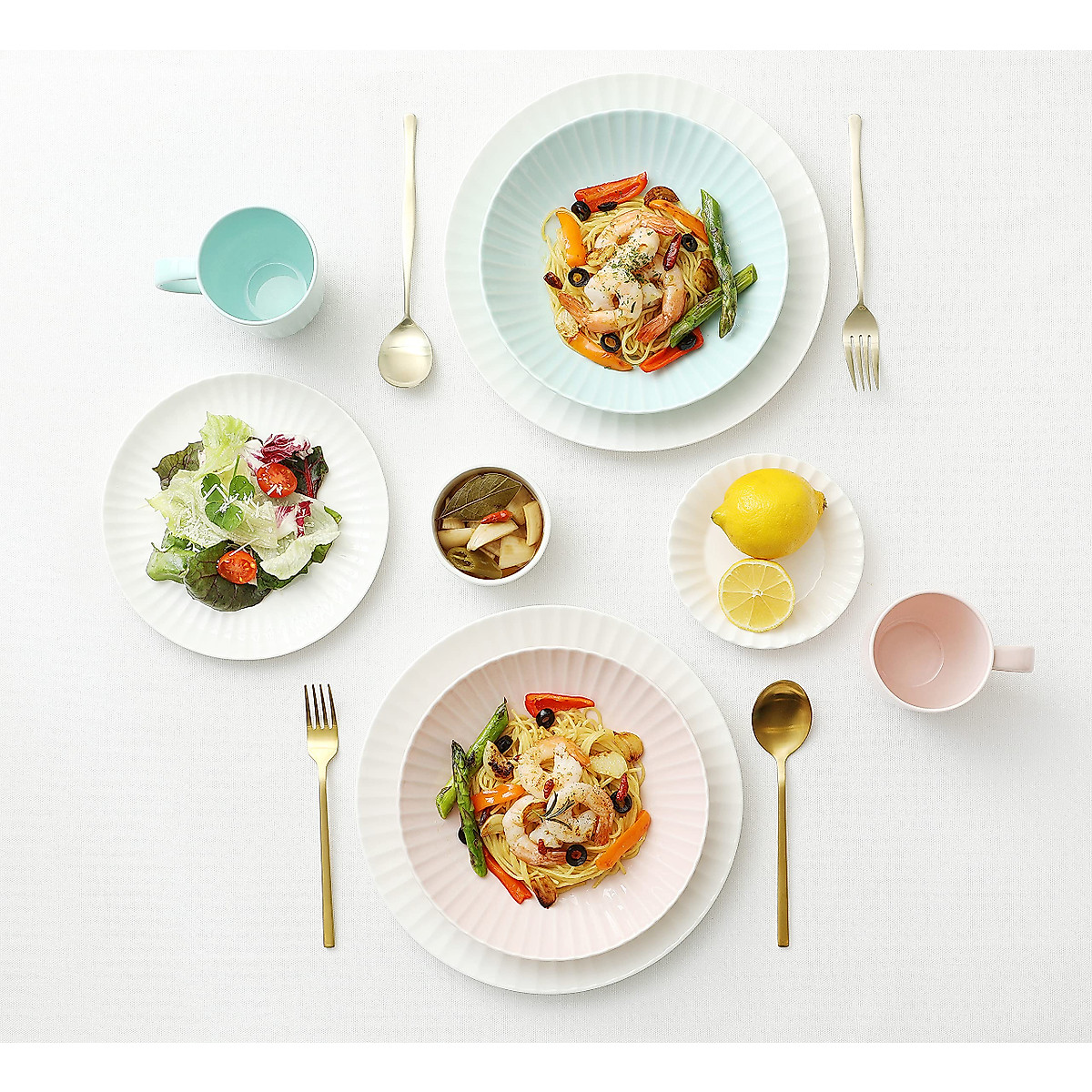 ZEN Pleats Porcelain Salad Pasta Bowls 28oz Set of 6 (Mixed Color)