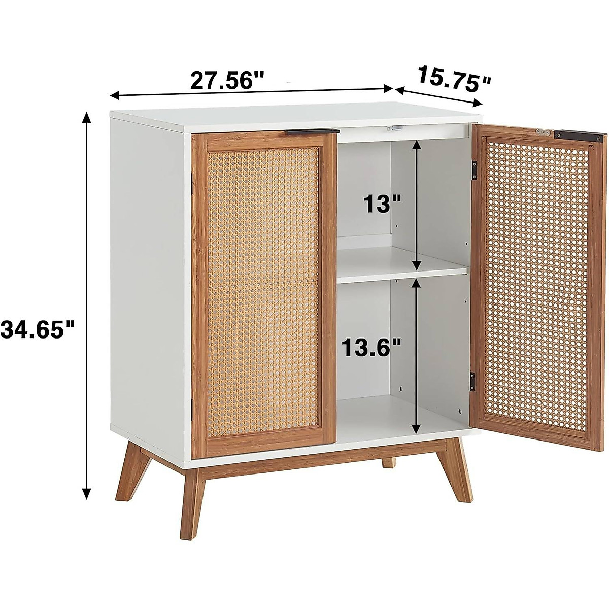 EFURDEN Sideboard Buffet, Kitchen Storage Cabinet with Rattan Decorated Doors, Accent Cabinet with Solid Bamboo Feet, Waterproof Tabletop and Large Storage Space-White