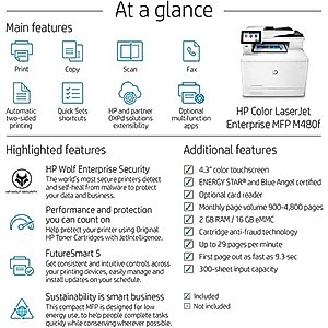HP Laserjet Enterprise MFP M480f All-in-One Wired Color Laser Printer, White - Print Scan Copy Fax - 4.3" Touchscreen, 29 ppm, Auto Duplex Printing, 50-Sheet ADF, Ethernet, Cbmou External Webcam