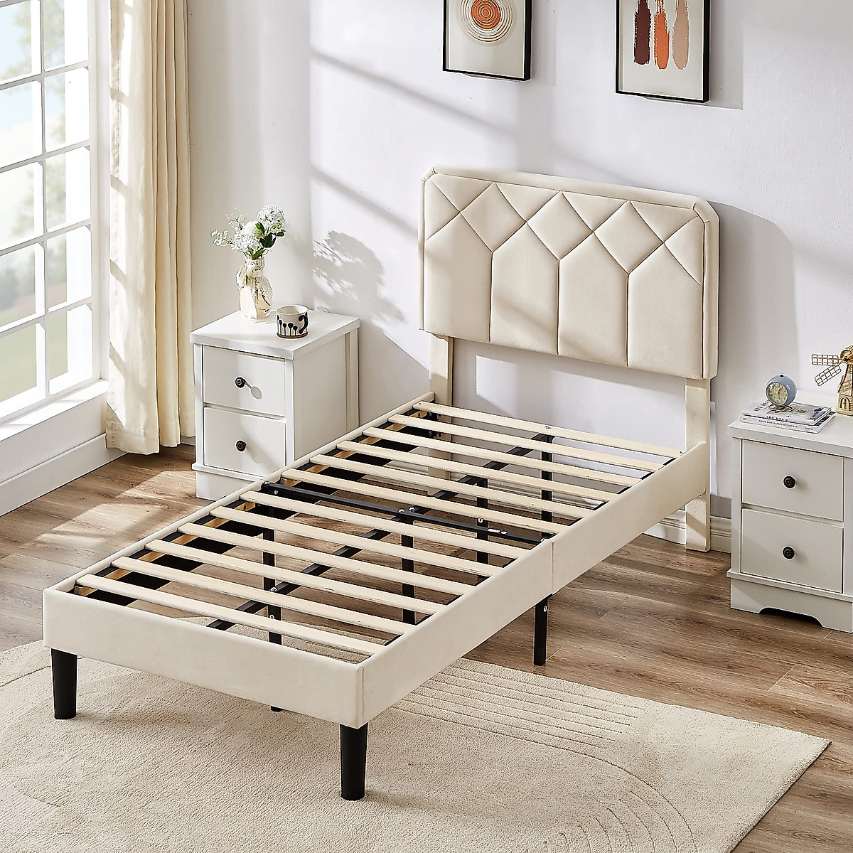 VECELO Twin Size Bed Frame Premium Leather Upholstered Platform with Height Adjustable Headboard/Mattress Foundation, Solid Wooden Slat Support, No Box Spring Needed/Easy Assembly