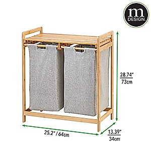 mDesign Freestanding Bamboo 2 Section Double Laundry Organizer Hamper with Removable Storage Sorter Bags, Space-Saving Basket Duo with Handles for Clothes/Linens - Echo Collection - Natural/Tan