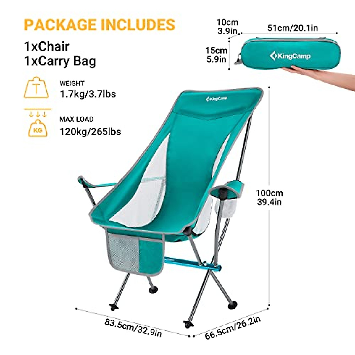 KingCamp Compact Camping Chair with Armrest Ultralight High Back Backpacking Chairs for Adults Lightweight Folding Chair Heavy Duty Support 265 Lbs Portable for Traveling, Lawn, Picnic, Festival, Cyan