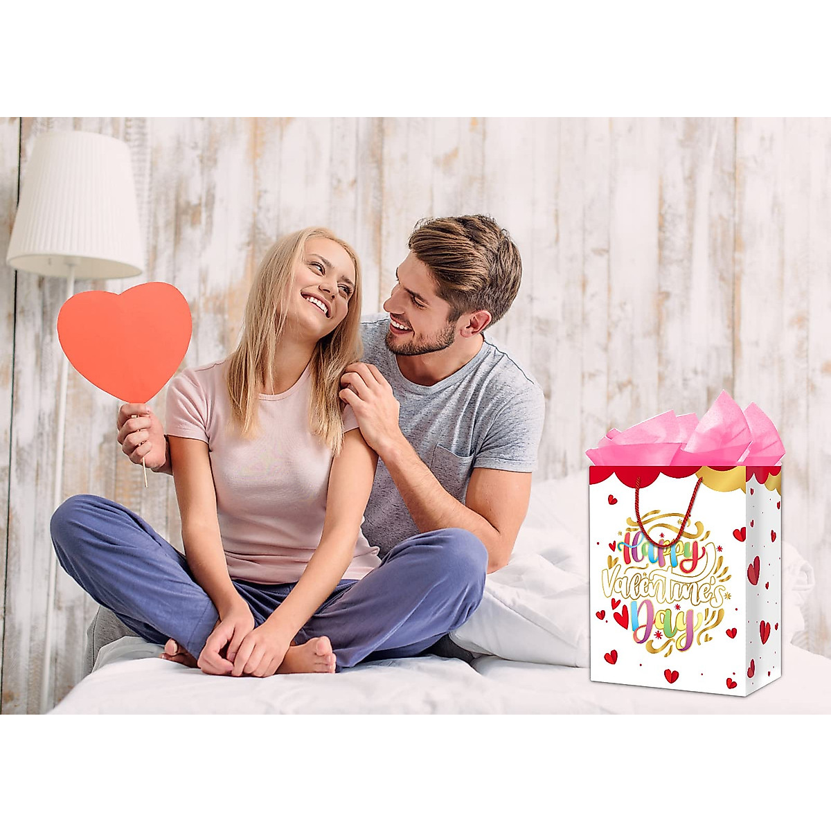 FLYAB Happy Valentines Day Gift Bag with Handle 11.5"x9"x5" Valentines Gift Bag with Tissue Paper Romantic Valentines Anniversary Wedding Gift Bags for Her Him Girlfriend Boyfriend Wife Husband Women
