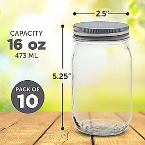 DISCOUNT PROMOS Mason Jars with Lids 16 oz. Set of 10, Bulk Pack - Glass Jars for Overnight Oats, Candies, Fruits, Pickles, Spices, Beverages - Clear Bottom Color