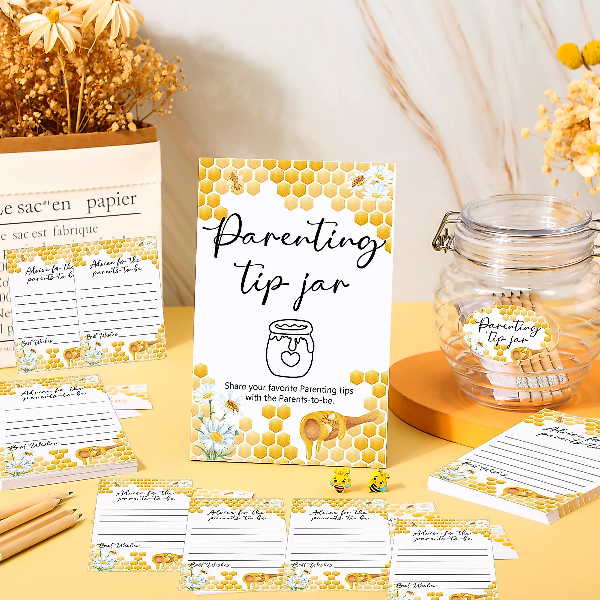 Roowest Baby Shower Games Prizes Advice Baby Shower to Baby Parenting Tip Jar Sign for New Parents 60 Parenting Advice Cards 10 HB Pencils 2 Cute Stickers 1 PET Bottle for New Parents Guests (Honey)