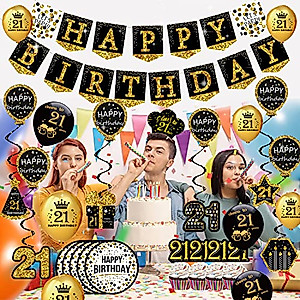 21st Birthday Decorations for him - (76pack) Black Gold Party Banner, Pennant, Hanging Swirl, Birthday Balloons, Tablecloths, Cupcake Topper, Crown, Plates, Photo Props, Birthday Sash for Men Gifts
