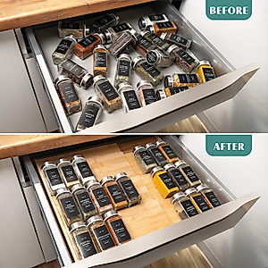 Bamboo Spice Drawer Organizer - Expandable 4 Tier Spice Rack (Need 3" Deep Drawer) 12" to 23" Wide, Seasoning Organizer, Organization Seasoning Rack insert for Kitchen Cabinet (Jars Not Included)