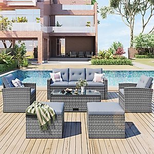 Brabrety 6-Piece All-Weather Wicker PE Rattan Patio Outdoor Dining Conversation Sectional Set with Coffee Table, Wicker Sofas, Removable Cushions for Patio, Deck, Yard, Garden. (Gray#1)
